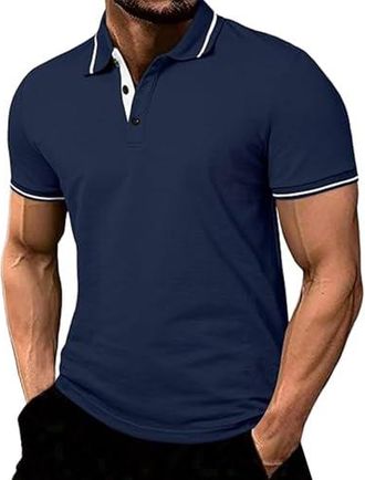 Generic Polo à manches courtes pour homme - Décontracté classique - Col boutonné - Haut de golf en coton léger, Polo bleu pour homme, L