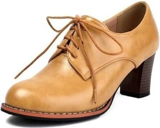 Generic Chaussures Oxford en Cuir à Bout Rond pour Femmes Chaussures Vintage à Lacets Brogues Chaussures habillées à Talon mi-épais Confortable de Travail Cha