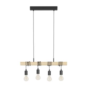 Eglo Pendelleuchte Townshend Holz Vintage, H&auml;ngelampe Esszimmer, H&auml;ngeleuchte 4-flammig, rustikale Retro Lampe im Industrial Design mit E27 Fassung, schwar