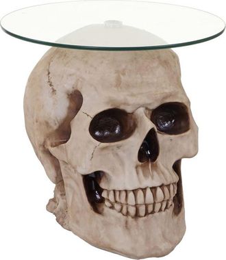 Hhg Beistelltisch Totenkopf HHG-695, Glastisch Wohnzimmertisch Couchtisch Totenschädel, Polyresin rund Ø55cm natur