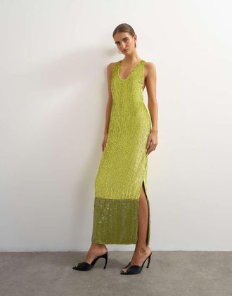 Topshop robe longue premium orn&eacute;e de sequins &agrave; d&eacute;collet&eacute; plongeant avec contraste profond, vert citron