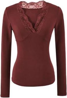 Generic Fashion Splicing Hollow Neck Stretch Top Femmes Temp&eacute;rament Top Printemps Automne Mode Casual Bottoming Shirt, Rouge, M