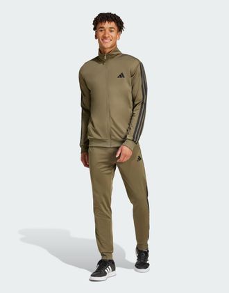 adidas Sportswear - Basic-Trainingsanzug aus Trikot-Stoff in Olive Strata mit den drei Streifen-Gr&uuml;n