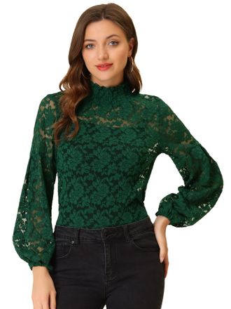 Allegra K Damen Spitze Spitzenbluse Langarm Stehkragen R&uuml;schen Blumen Top Bluse Limonengr&uuml;n XL