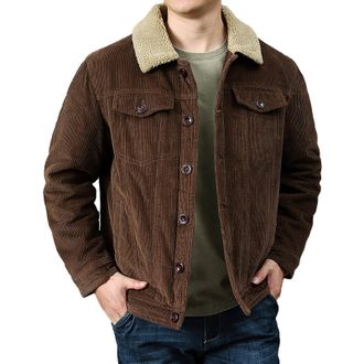 Rismart Herren Cordjacke Sherpa Gef&uuml;ttert Lastwagenfahrer Knopf Nach Unten Reverskragen Winter Warm Cargo Kaffee,XXL
