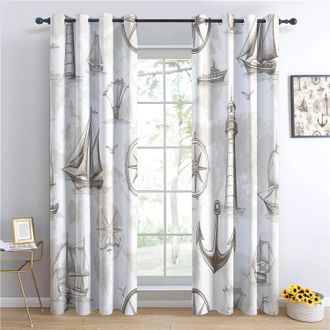 Generic Vorhänge mit Ösen Blickdichte Nautische Elemente Schiffe Leuchttürme Thermovorhang Grau Blackout Curtain Kinder Jungen Mädchen VerdunklungsvorhängeH18
