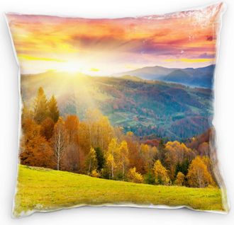 Paul Sinus Art Landschaft, Herbst, grün, orange, Wald, Sonnenuntergang Deko Kissen 40x40cm für Couch Sofa Lounge Zierkissen - Dekoration zum Wohlfühlen