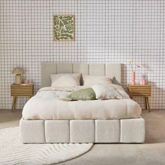 Sweeek Lit coffre double avec sommier &agrave; lattes et t&ecirc;te de lit blanc finition bouclette textur&eacute;e 140x190cm- Lex