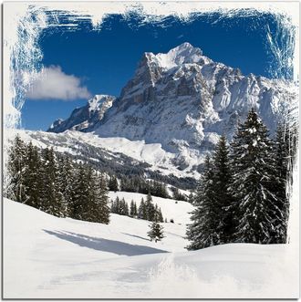 Wallario Wandbild aus Holz Verschneiter Berghang unter blauem Himmel - 40 x 40 cm in Premium-Qualität: Brillante Farben