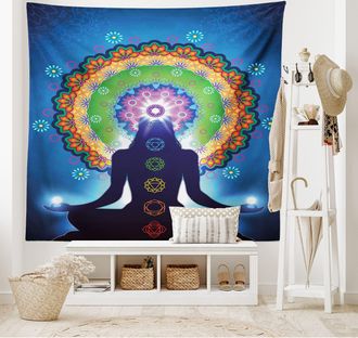 Abakuhaus Chakra Wandteppich und Tagesdecke, Mandala Chakra Yoga aus Weiches Mikrofaser Stoff Waschbar ohne Verblassen Digitaldruck, 230 x 140 cm,Dunkelblau Grü
