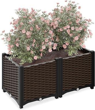 Relaxdays Pflanzkübel, Rattan-Optik, HBT: 38x80x40 cm, Garten, Balkon & Terrasse, Blumenkübel mit Wasserspeicher, braun