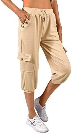 Heekpek Femme Pantalon 3/4 Chic Ete Ample Pantalon Jogging Cotton Casual Pantacourt Pantalon de Yoga Pilattes Pantalon Décontracté avec Poches, Kaki, Taille X