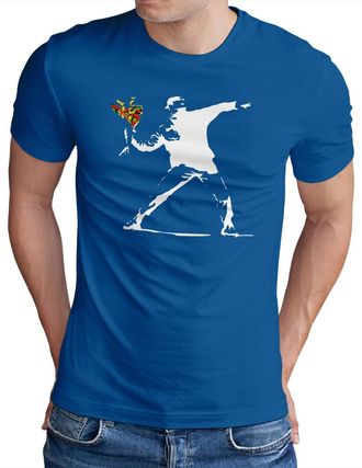 OM3 Banksy Flower Thrower T-Shirt - Herren - Urban Street Art Peace Graffiti Punk Indie Sozial Kritik - Royal Blau, 4XL