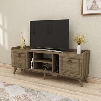 Hanah Home Stylish Walnut TV Unit, 150 cm Wide, 55 cm High, 35 cm Deep | 100% Melamine Coated Particle Board, 18 mm Thick | Sturdy Iron Legs, Modern Design