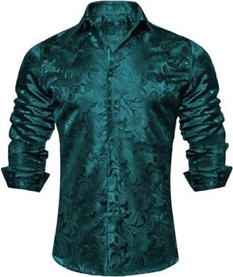 Generic Chemise habill&eacute;e de luxe en satin imprim&eacute; &agrave; manches longues pour homme - Chemise britannique boutonn&eacute;e sur mesure - Coupe droite - Pour mariage, trava