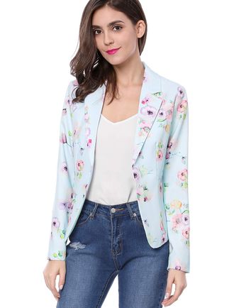 Allegra K Damen Sakko Langarm Gekerbter Kragen Elegant Offen Blazer Jacke Blau-Blumig M