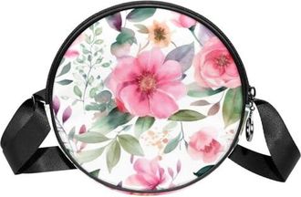 Generic Petit sac &agrave; bandouli&egrave;re circulaire pour femme, motif feuilles florales, sac &agrave; dos avec fermeture &eacute;clair, bretelles r&eacute;glables, sac &agrave; main rond d&eacute;contra