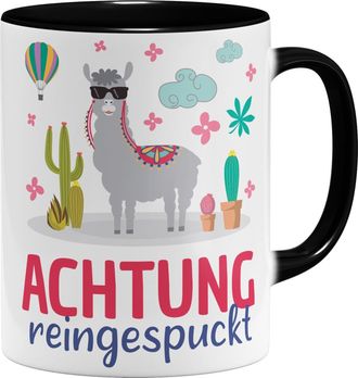 OM3 Achtung reingespuckt Alpaka Kaffee-Tasse mit Spruch - Lustige Lama Spruchtasse - Keramik Becher - 11oz 325ml - Beidseitig Bedruckt - Schwarz