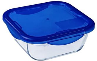 Pyrex Cook & Go Quadratische Mehrzweckpfanne mit hermetischem Deckel, Transparent & Blau, 21 x 21 x 8 cm, 1,9 L