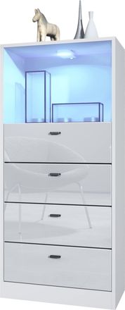 Vladon Kommode Pino V3, Made in Germany, Anrichte mit 4 Schubladen & 1 offenem Fach, Weiß matt/Weiß Hochglanz mit LED RGB (56 x 125 x 36 cm)