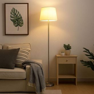 Nowa Lampadaire textile blanc Lampe sur pied argent&eacute;e Lampe de salon debout, m&eacute;tal, douille E27, DxH 35x151 cm