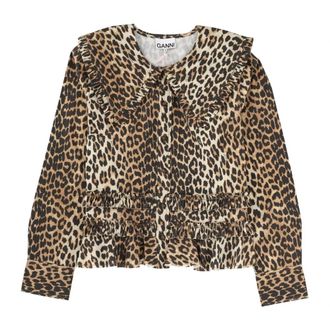 Ganni Femme, Blouses et Chemises, Brun, Taille: 38 FR Chemise Imprim&eacute;e en Coton Stretch avec Volants