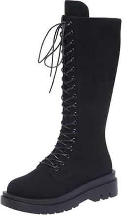 Generic Bottes Montantes Femme à Lacets Daim Bout Rond Semelle Plateforme Antidérapante Avec Fermeture Éclair Latérale Style Britannique Chic et Elegant Botte