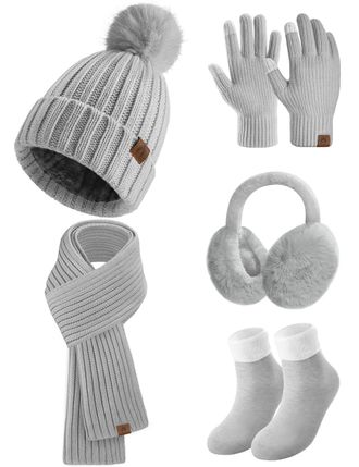 Heekpek M&uuml;tze Schal Handschuhe Ohrensch&uuml;tzer und Socken Set Damen 5 St&uuml;cke Warme Winterm&uuml;tze Winterschal Strick Winterzubeh&ouml;r Winterset 5 in 1, Grau