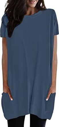 Generic T-shirt Femme D&eacute;contract&eacute; Mode Simple Couleur Unie Col Rond Manches Courtes Poche Haut Long, Marine, XXL