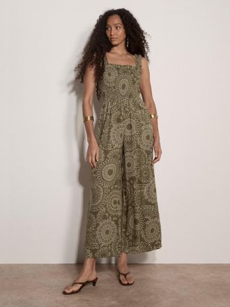Apricot Kaleidoscope Shirred Wide-Leg Jumpsuit