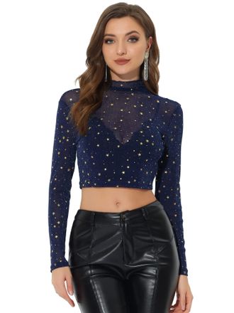 Allegra K Damen Stern Oberteil Mesh Langarmshirt Stehkragen Durchsichtig Glitzer Stern Crop Top Dunkelblau XL