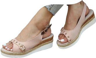 Generic Sandales compens&eacute;es &agrave; bout ouvert et bride arri&egrave;re pour femme avec noeud lat&eacute;ral, style d&eacute;contract&eacute;, talon mi-bas, toile avec noeud papillon, Tb Rose,