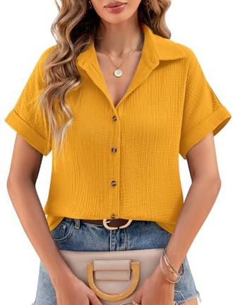 Heekpek Chemisier Femme Chic et &Eacute;l&eacute;gant Tee Shirt Blouses Ete T Shirts &agrave; Manches Courtes Tunique Tops D&eacute;contract&eacute; Col V Haut, Jaune, S