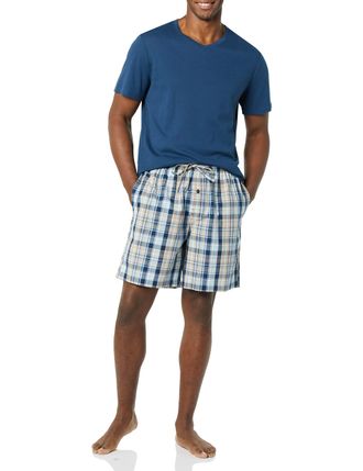 Amazon Essentials Herren Schlafanzug-Shorts Aus Baumwollpopeline Mit Baumwoll-T-Shirt, Indigo/Marineblau Karomuster, 3XL