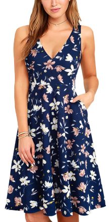 Homeyee Damen Elegant V-Ausschnitt &Auml;rmelloses Einfaches Sommer Party Freizeitkleid mit Taschen A293 (XL, Dunkelblau + Blumen)