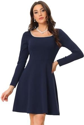 Allegra K Robe Évasée Élégante à Col Carré avec Perles Robe Courte à Manches Longues Taille Haute Robe Trapèze Élégante de Business Bleu Foncé M