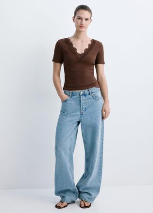 Mango Top liser&eacute;s dentelle marron - Femme - XXS - MANGO