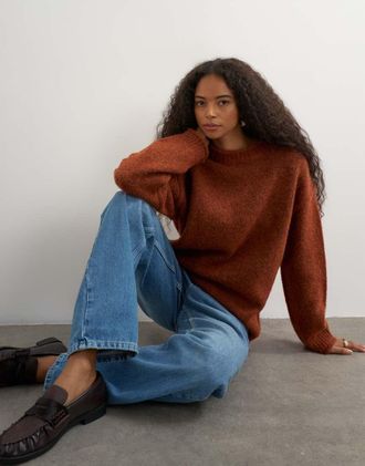 Topshop Strickpullover aus Wollmix mit gerolltem Saum und grobem Strick in Zimtbraun-Orange