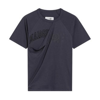 Maison Margiela T-Shirt mit Used-Look-Eins&auml;tzen - - Tops - Damen - Blau - XS