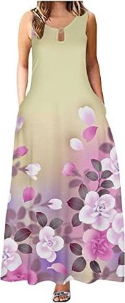 Generic Robe amincissante d&eacute;t&eacute; sans manches &agrave; col rond avec poches pour femme - Imprim&eacute; floral, beige, 5XL