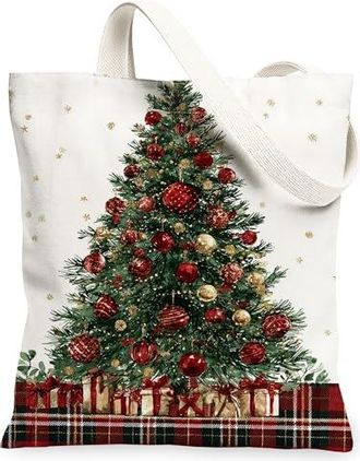 Generic Sacs fourre-tout en toile de No&euml;l, motif arbre festif, sacs de courses r&eacute;utilisables, sacs de courses rustiques, l&eacute;gers et lavables avec bandouli&egrave;re e