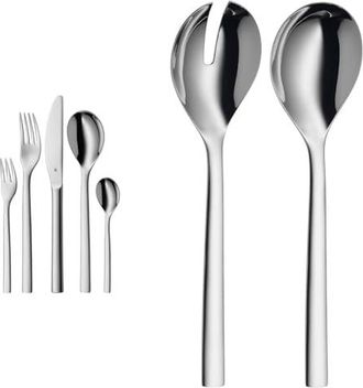 WMF Atria Besteck Set 12 Personen, Essbesteck 60 teilig & Nuova Salatbesteck Edelstahl 25 cm, Salatgabel, Servierl&ouml;ffel, Cromargan Edelstahl poliert, gl&auml;n