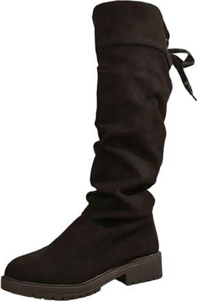 Generic Bottes hautes pour femme confortables &agrave; bout rond et talon &eacute;pais &agrave; lacets, bottes longues pliss&eacute;es pour lautomne et lhiver, Noir, 40.5 EU