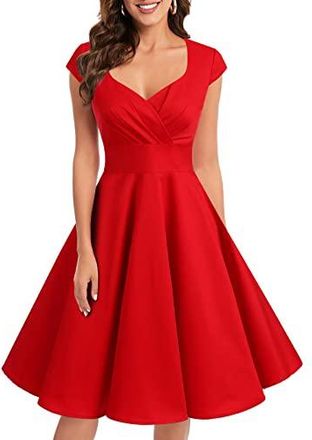 Bbonlinedress Robe de Soiree Femme Chic et El&eacute;gant Robe Courte Vintage Rockabily 1950s Robe pour Mariage F&ecirc;te Cocktail Guinguette Pin up Col Carr&eacute;e Red L