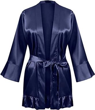 Generic Peignoir en satin pour femme grande taille - Robe de chambre courte en soie - Robe de nuit soyeuse &agrave; manches longues - Robe de nuit en satin &agrave; manches