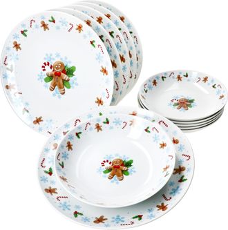 MamboCat 12tlg Tafelservice Candyman I Porzellan-Geschirr für 6 Personen mit eisblauem Weihnachtsdekor I 6X Tiefe Suppenteller & 6X Flache Speiseteller