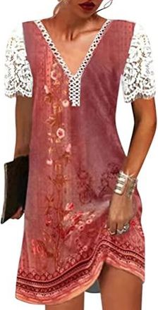 Onsoyours Robe Femmes Chic Imprime Manche Courte Dentelle Dress Sexy Épaules Dénudées Col en V Longueur Genou Taille Haute Robe De Plage A-Line Élégante Rétro R