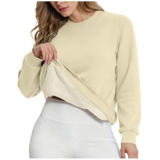 Generic Pull Femme Hiver Chic et &eacute;l&eacute;gant Couleur Unie D&eacute;contract&eacute; Sweatshirts col Rond Ample Pullover Mode Manche Longue Pull Femme Chaud Doubl&eacute; Tops Beige