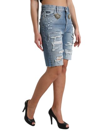 Dolce & Gabbana Womens Blue Tattered Embellished Bermuda Shorts