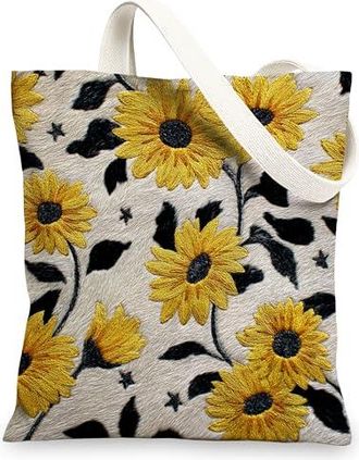 Generic Sac fourre-tout en toile motif tournesol, sacs de courses réutilisables, légers et respectueux de lenvironnement, Jaune, 13x15 Inch